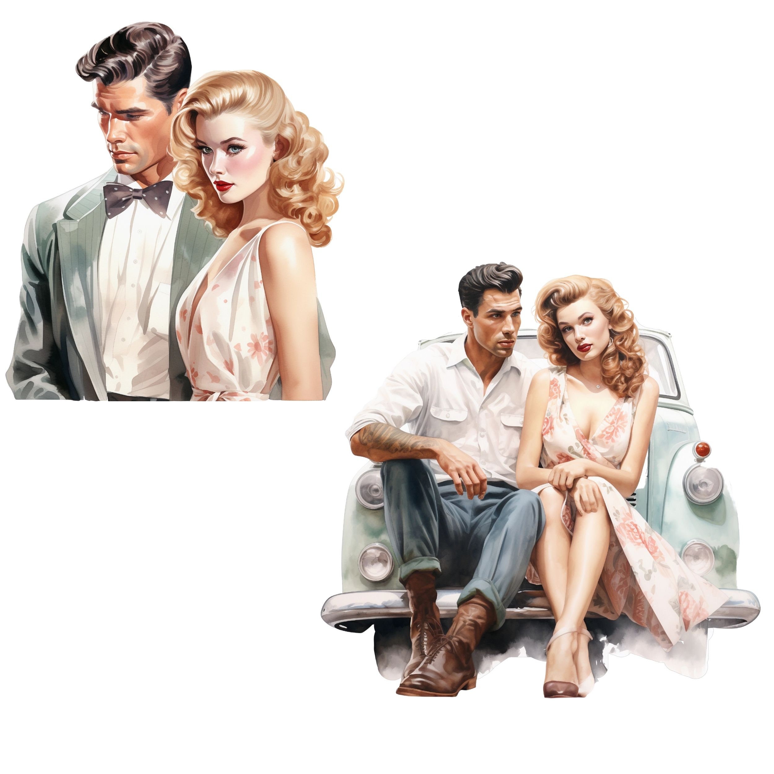 Retro Loving Couple Watercolor Clipart Bundle, Transparent PNG, Pretty ...