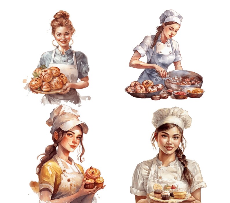 Pastry Chef Girls Watercolor Clipart Bundle Transparent PNG - Etsy