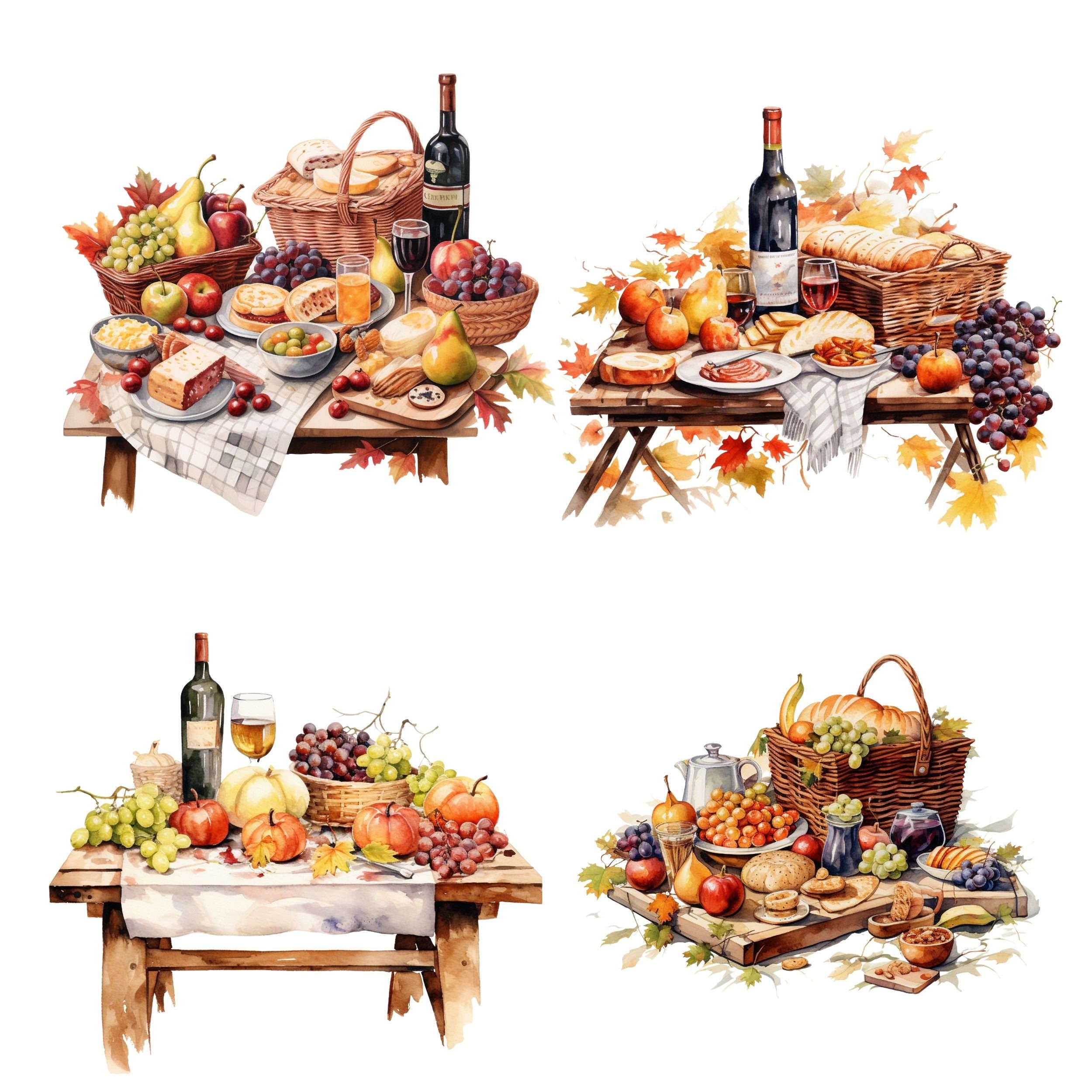 Autumn Picnic Watercolor Clipart Bundle, Transparent PNG, Digital ...