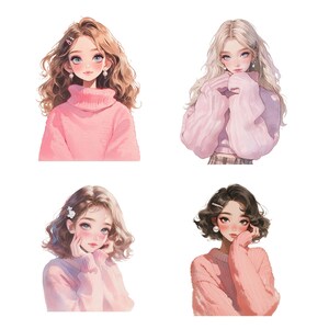 Pink Sweater Girl Watercolor Clipart Bundle, Transparent PNG, Digital ...