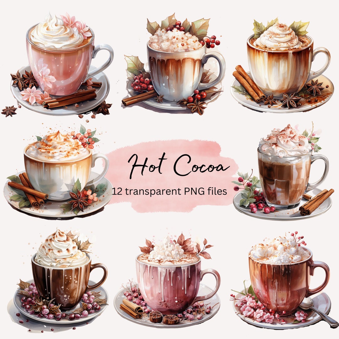Hot Cocoa Clipart Watercolor Bundle, Transparent PNG, Winter Holiday ...