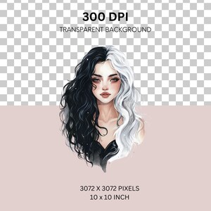 Black White Hair Girls Watercolor Clipart Bundle, Transparent PNG ...