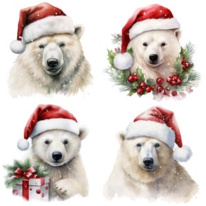 Christmas Polar Bear Watercolor Clipart Bundle, Transparent PNG, Cute ...