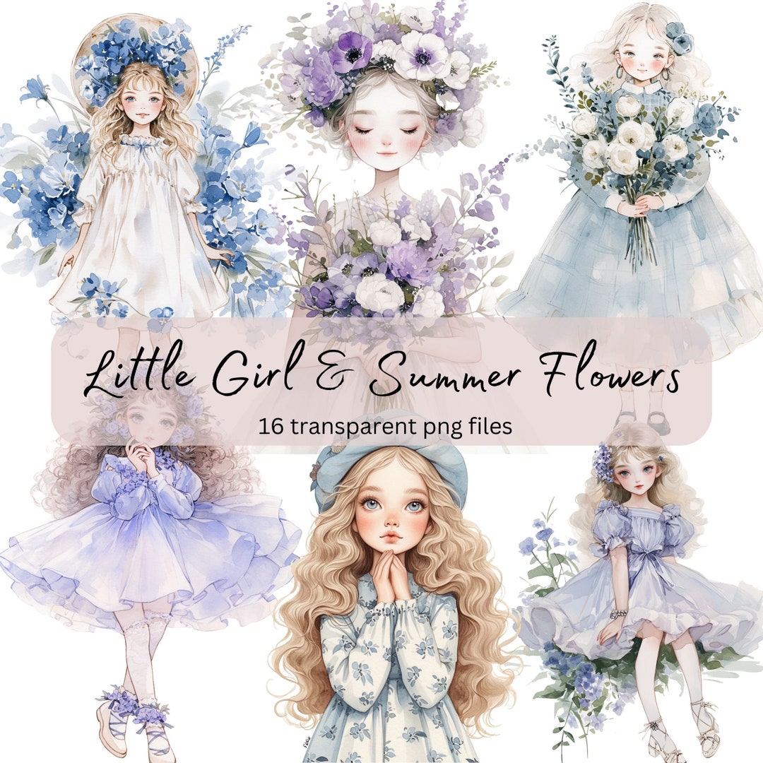 Little Girl and Flowers Watercolor Clipart Bundle, Summer Kids ...