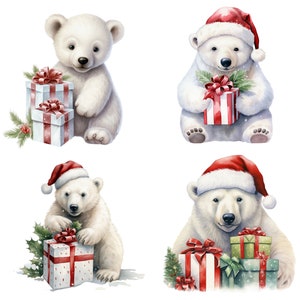 Christmas Polar Bear Watercolor Clipart Bundle, Transparent PNG, Cute ...