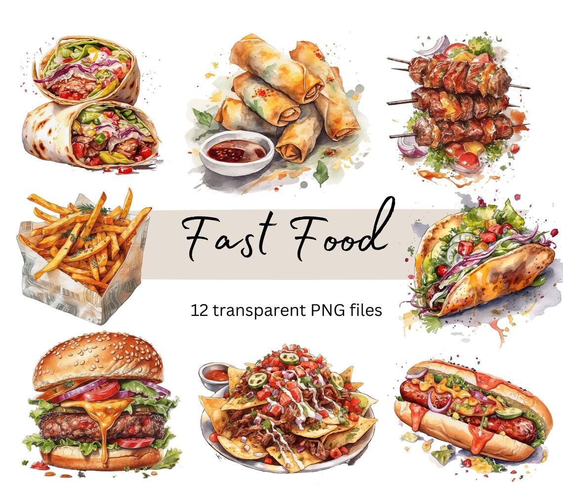 Fast Food Clipart Bundle, Transparent PNG, Digital Download, Watercolor ...