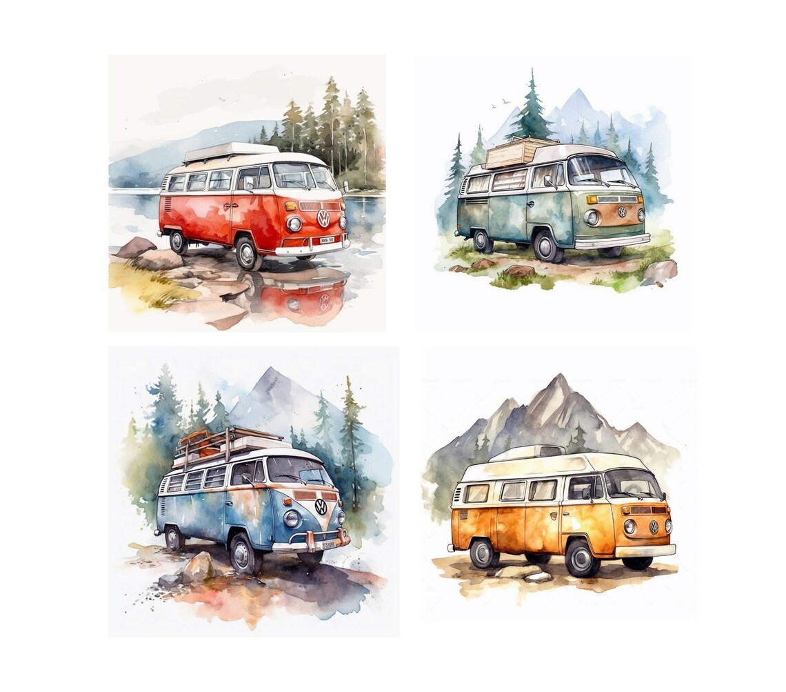 Watercolor Camping Van Clipart Bundle, High Quality Jpegs, Travel ...