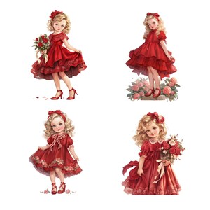 Red Rose Vintage Little Girl Watercolor Clipart Bundle, Transparent PNG ...