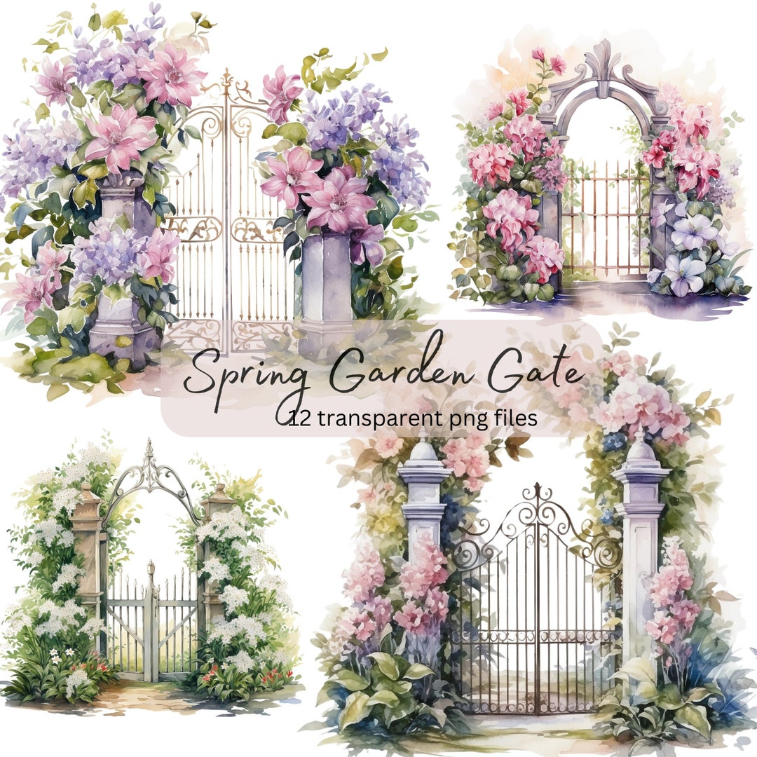 Spring Garden Gate Watercolor Clipart Bundle, Transparent PNG, Digital ...