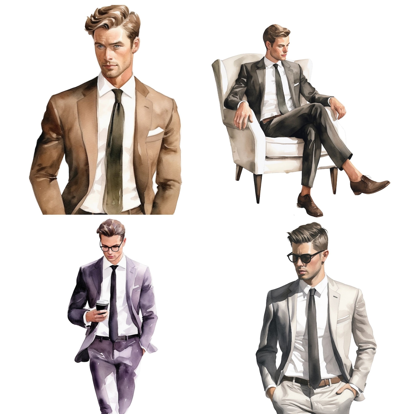 Young Business Man Watercolor Clipart Bundle, Transparent PNG, Digital ...