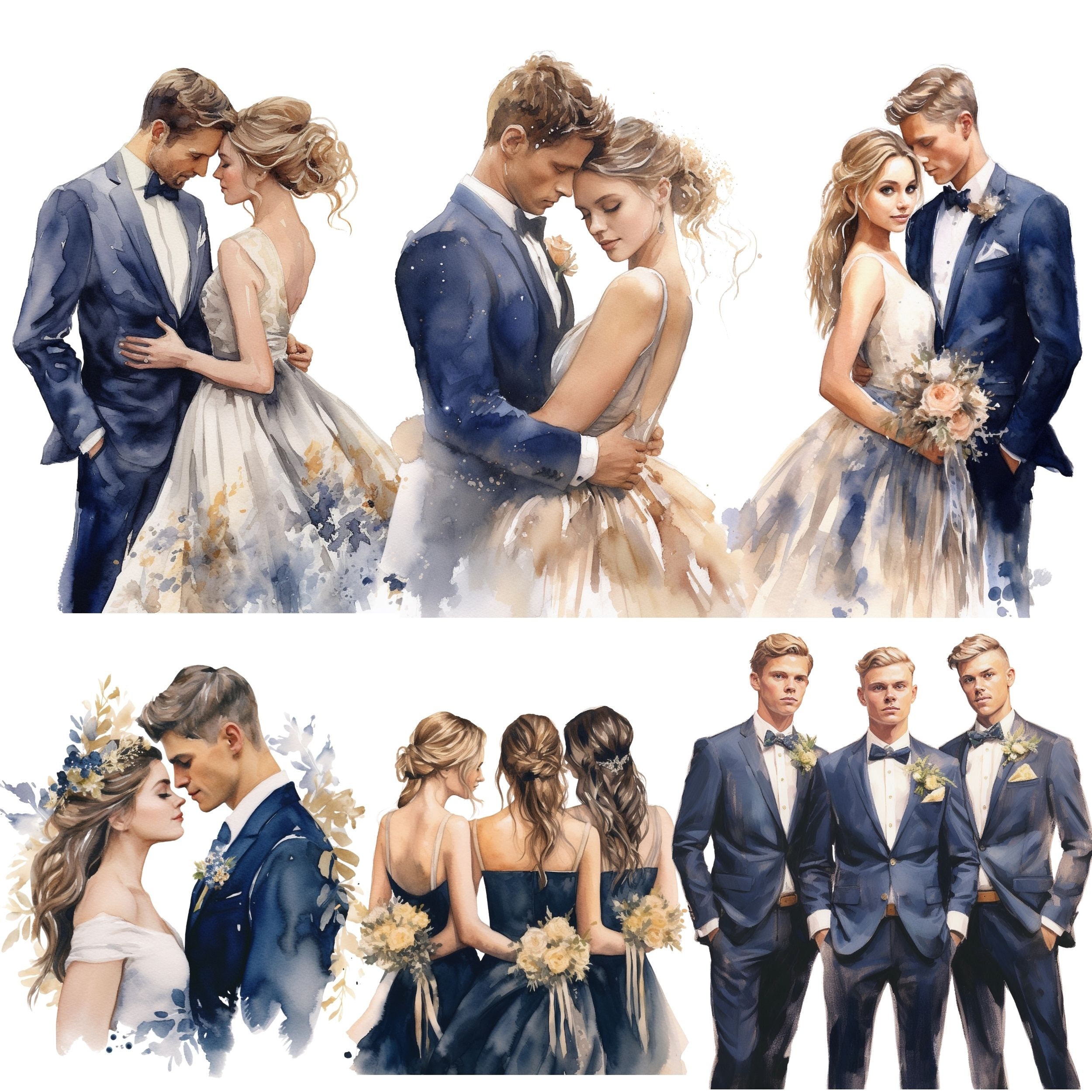 Blue Wedding Day Clipart Bundle Watercolor, Transparent PNG, Bride ...