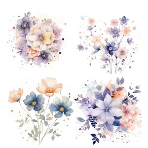 Purple Floral Watercolor Clipart Bundle, Transparent PNG, Digital ...