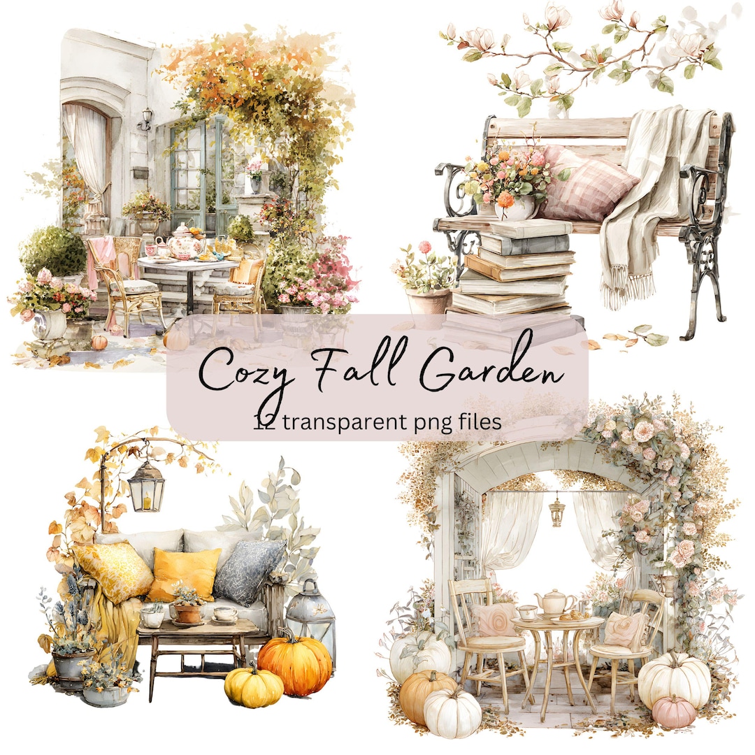 Cozy Fall Garden Watercolor Clipart Bundle, Transparent PNG, Digital ...