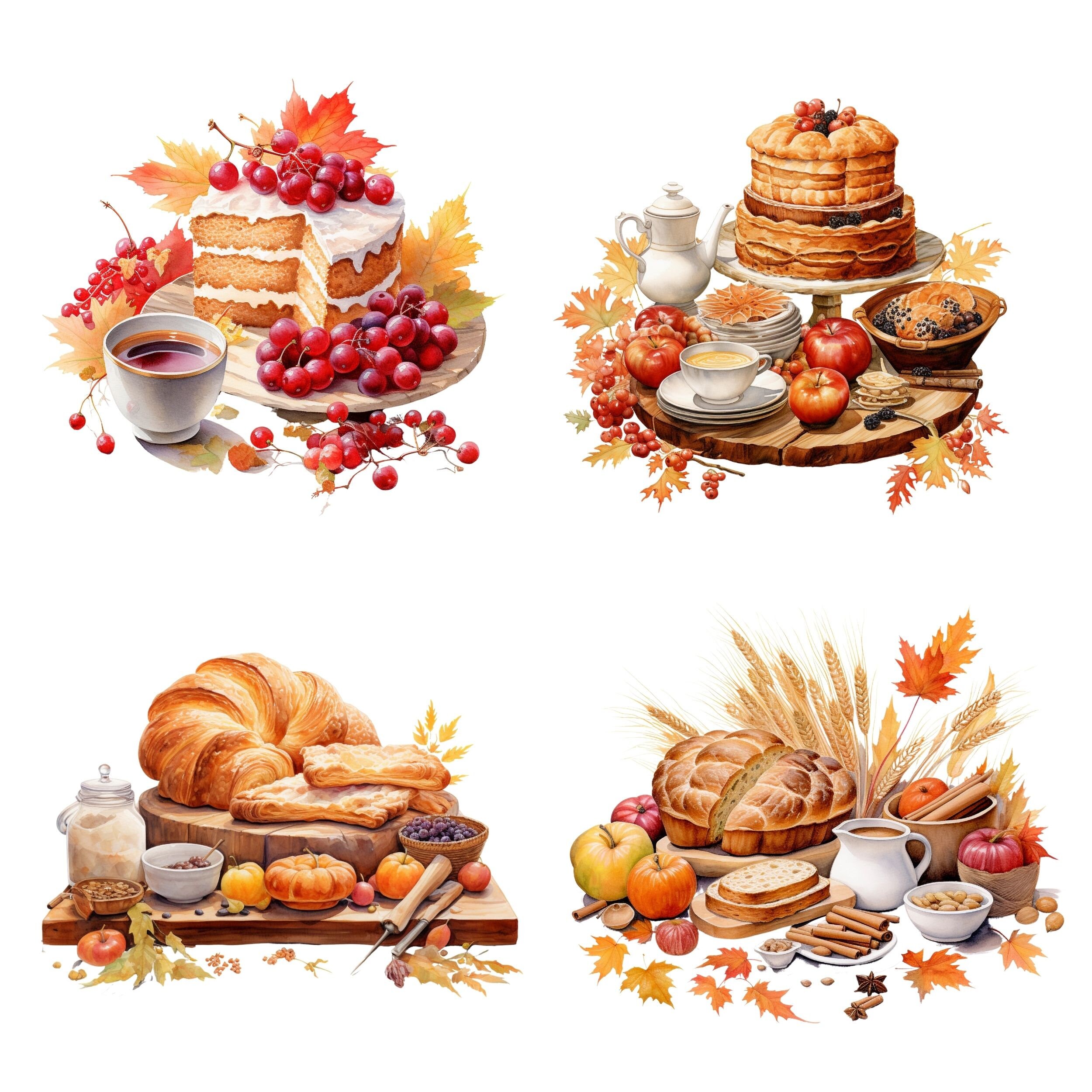 Autumn Baking Watercolor Clipart Bundle, Transparent PNG, Digital ...