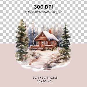 Winter Forest Cabin Watercolor Clipart, Transparent PNG, Landscape ...