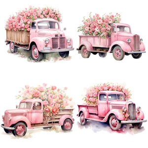 Pink Rose Pickup Truck Watercolor Clipart Bundle, Transparent PNG ...