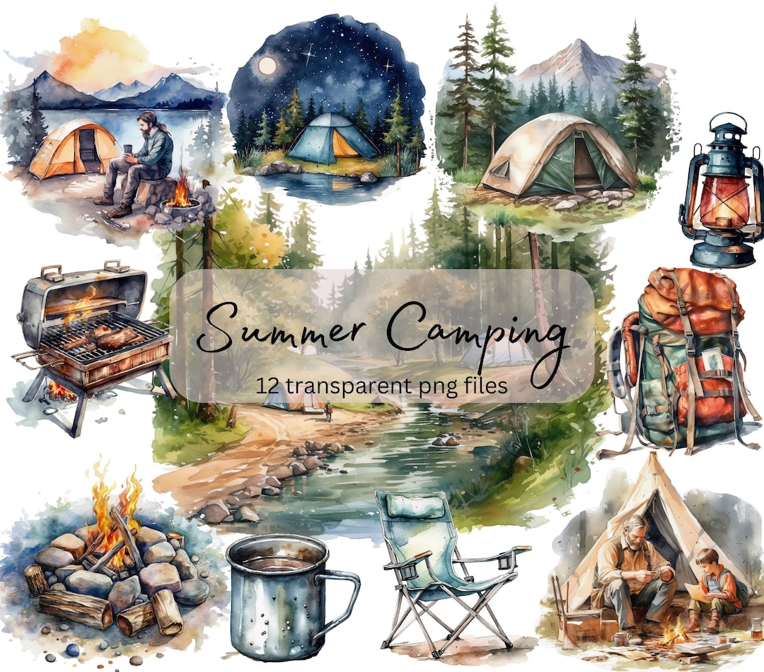 Summer Camping Watercolor Clipart Bundle, Transparent PNG, Travel ...