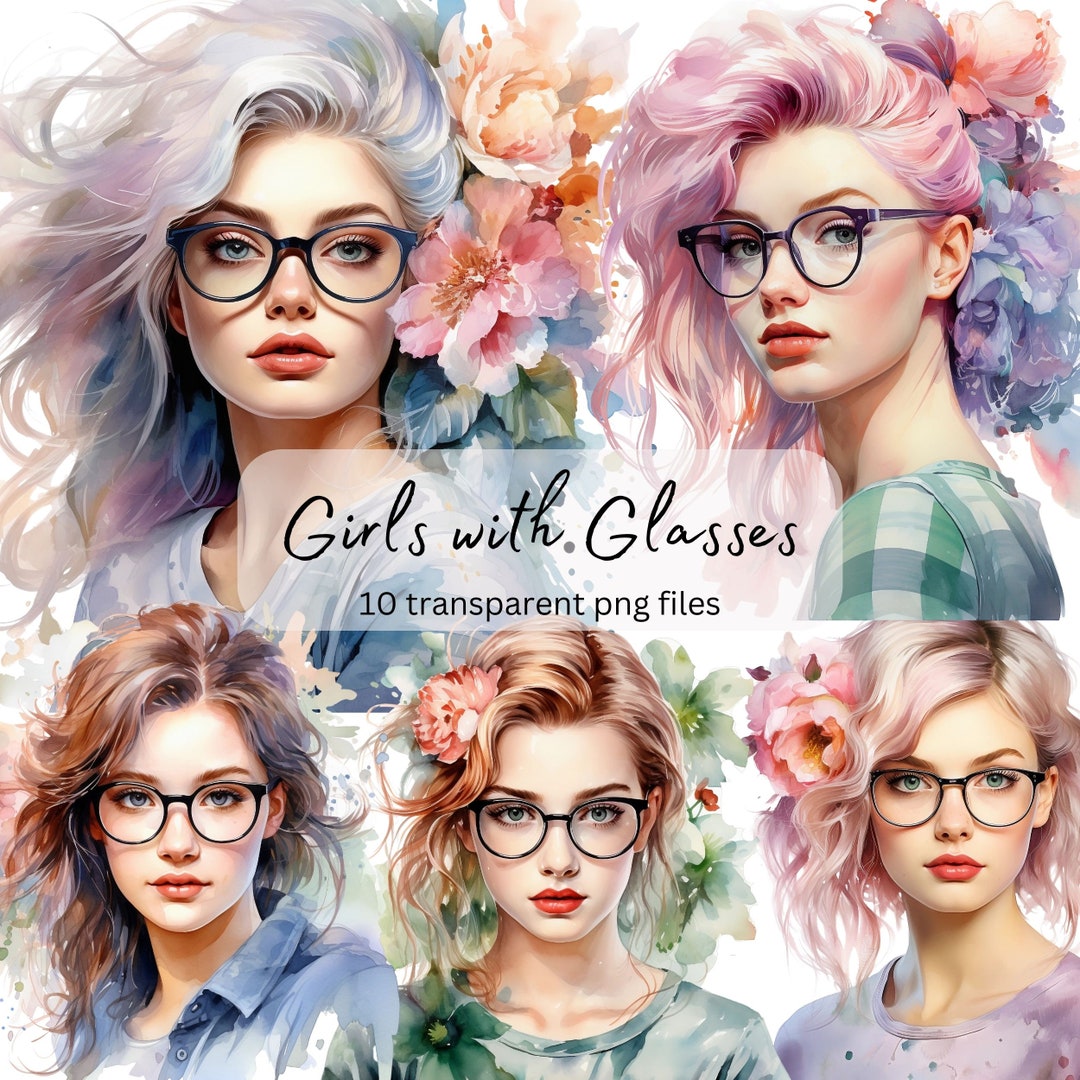 Girl With Glasses Watercolor Clipart Bundle, Transparent PNG, Pretty ...