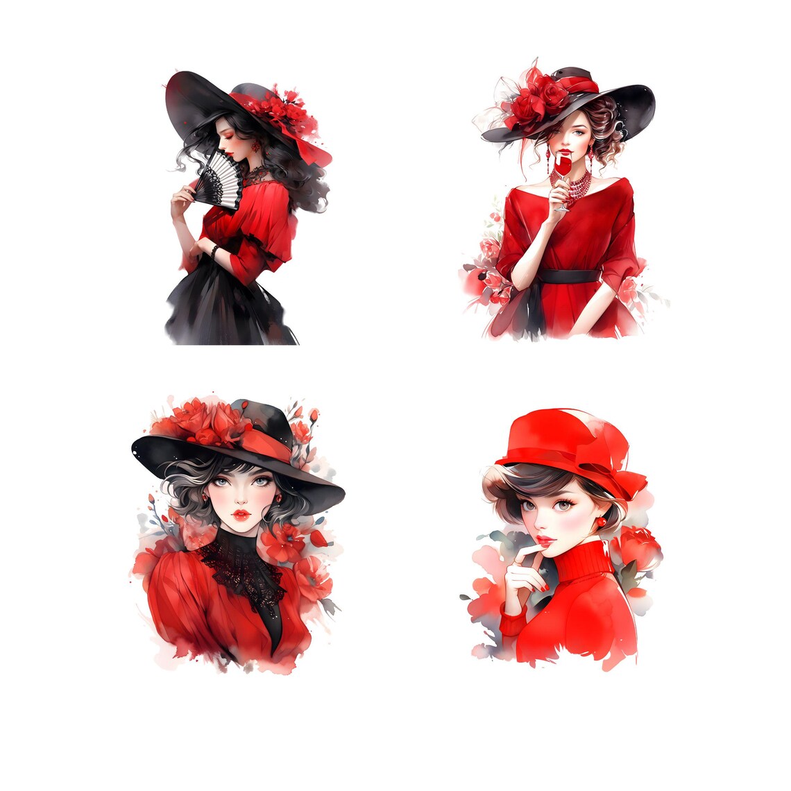 Lady in Red Dress Watercolor Clipart Bundle, Transparent PNG, Digital ...
