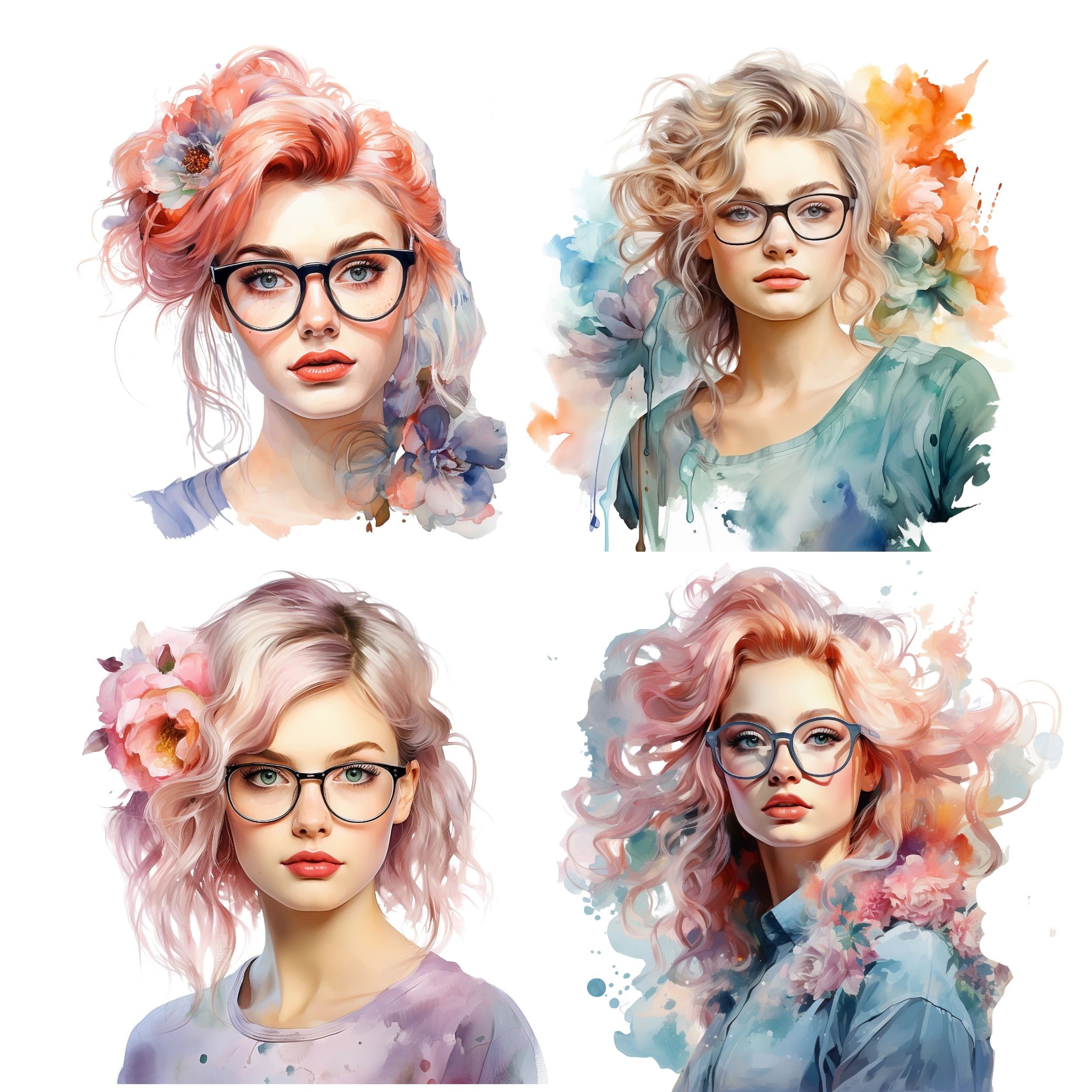 Girl With Glasses Watercolor Clipart Bundle, Transparent PNG, Pretty ...