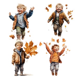 Autumn Little Boy Watercolor Clipart Bundle, Transparent PNG, Digital ...
