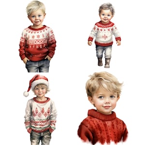 Christmas Little Boy Watercolor Clipart Bundle, Transparent PNG, Cute ...