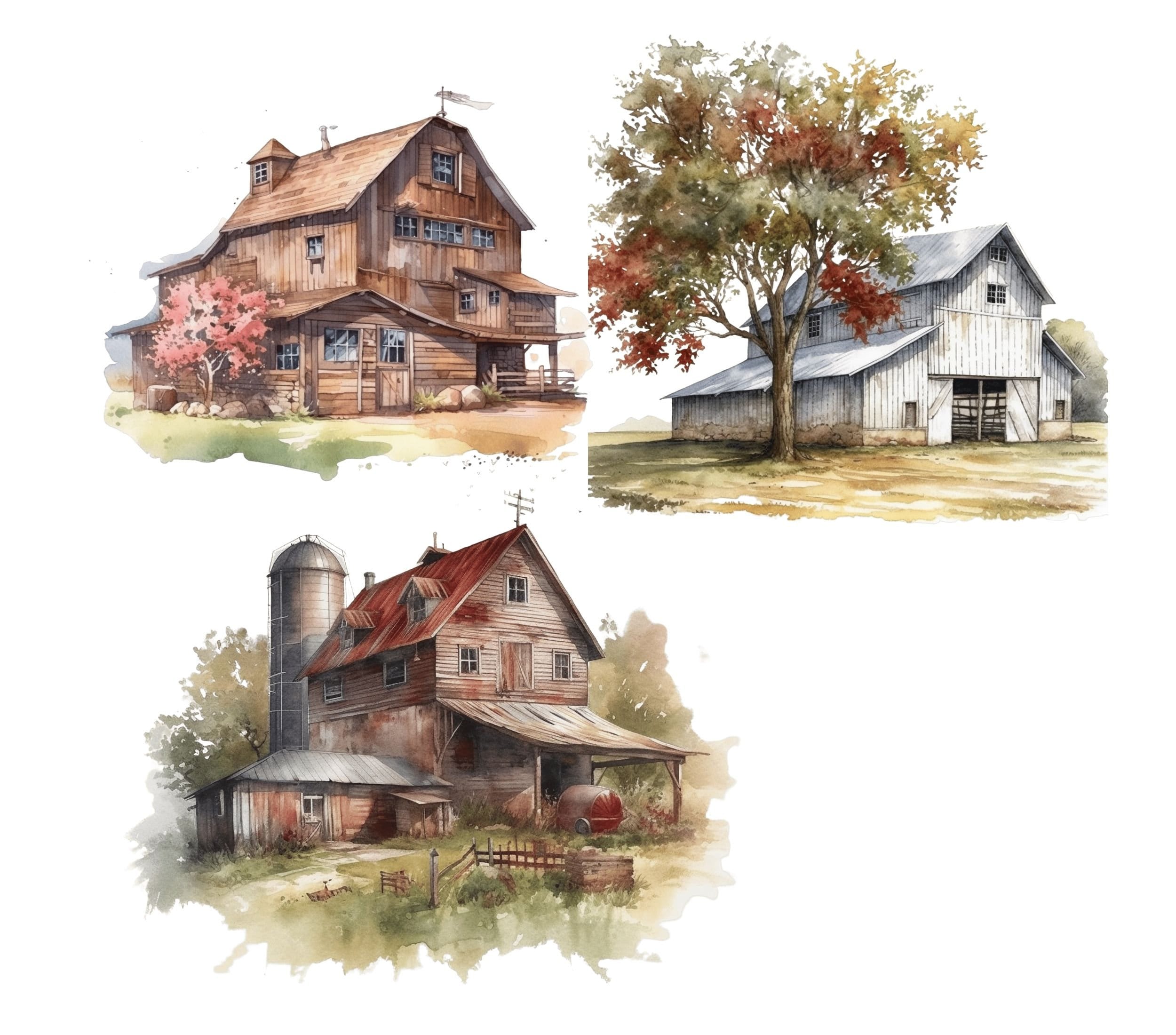 Farm Barn Watercolor Clipart Bundle, Transparent PNG, Farmhouse Clipart ...