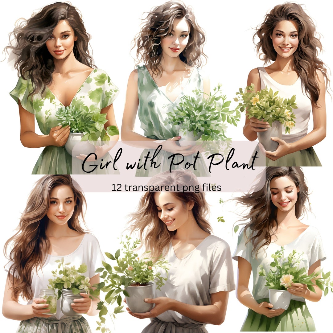 Plant Lover Watercolor Clipart Bundle, Transparent PNG, Spring Girl ...