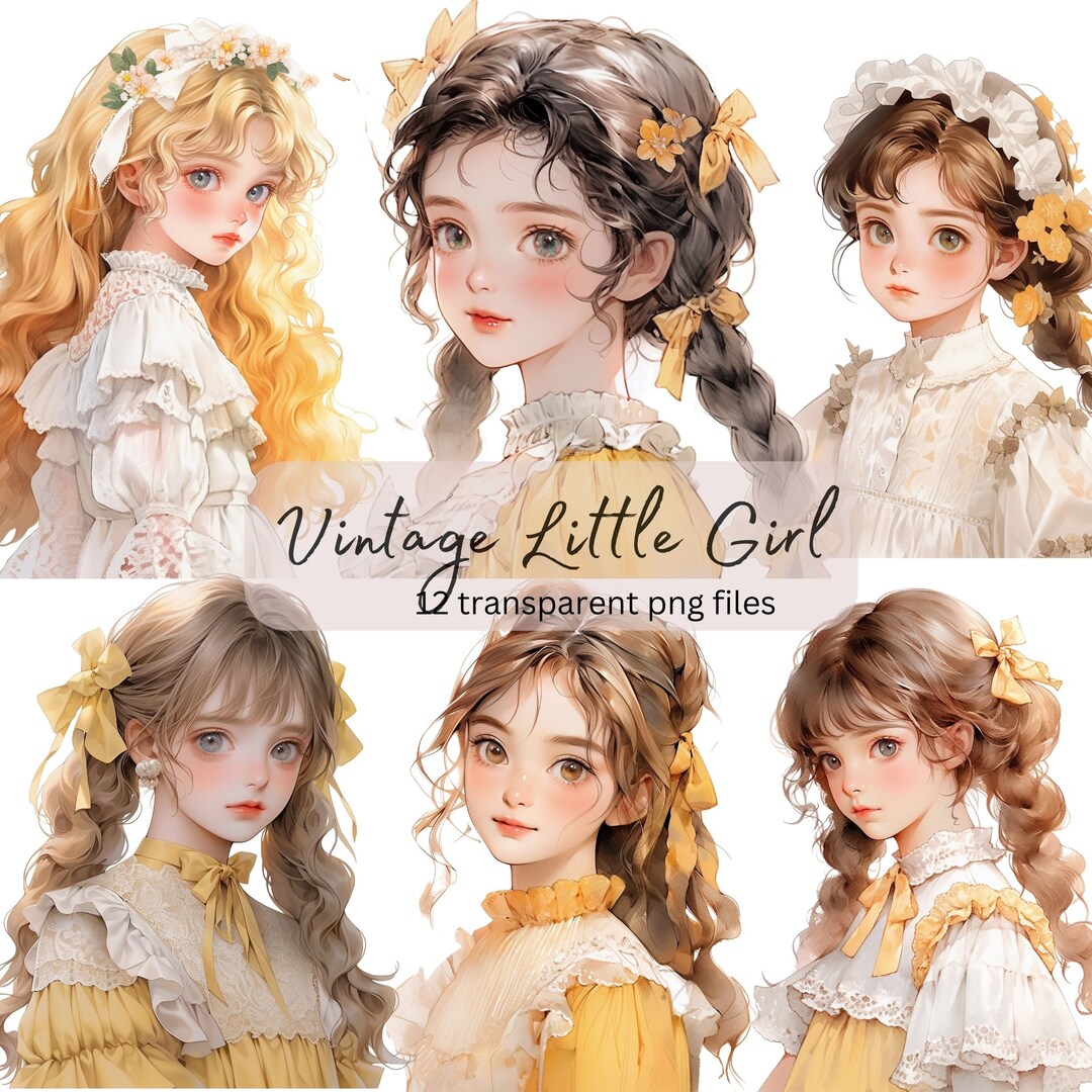 Vintage Little Girls Watercolor Clipart, Transparent PNG, Digital ...