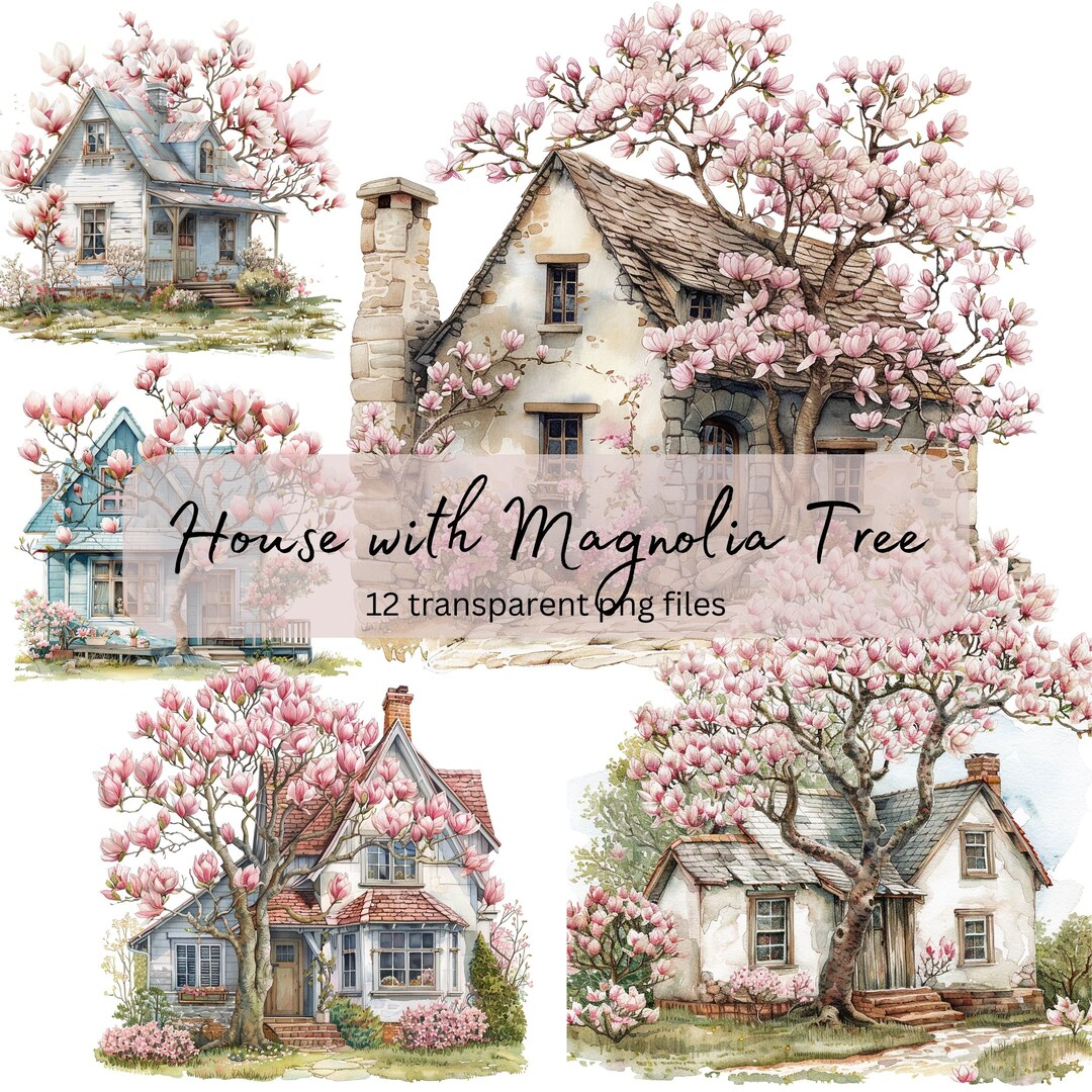 Magnolia Tree House Watercolor Clipart Bundle, Transparent PNG ...