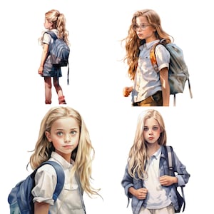 Little School Girl Watercolor Clipart Bundle, Transparent PNG, Cute ...