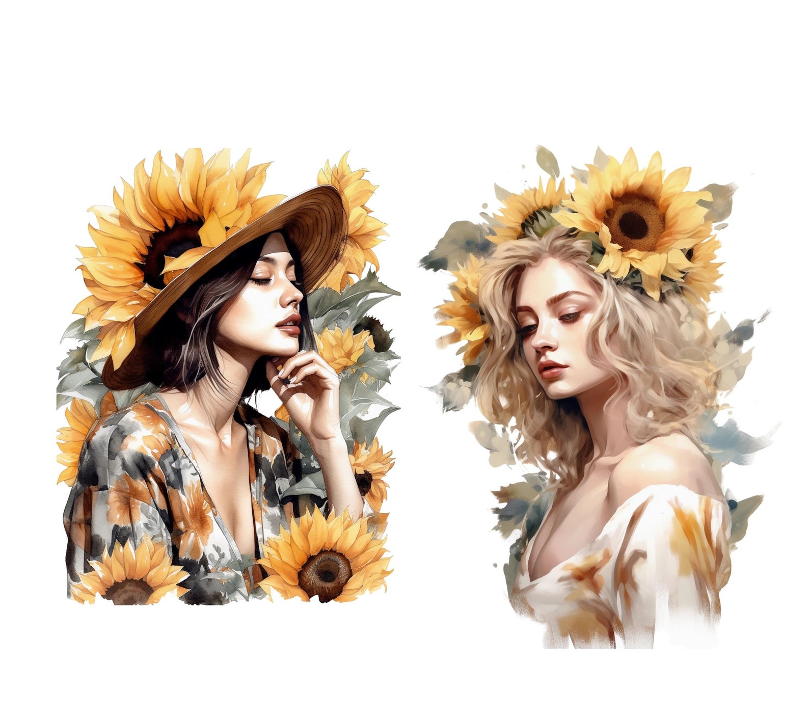 Sunflower Girls Watercolor Clipart Bundle, Transparent PNG, Digital ...