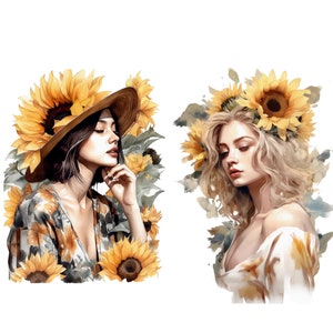 Sunflower Girls Watercolor Clipart Bundle, Transparent PNG, Digital ...