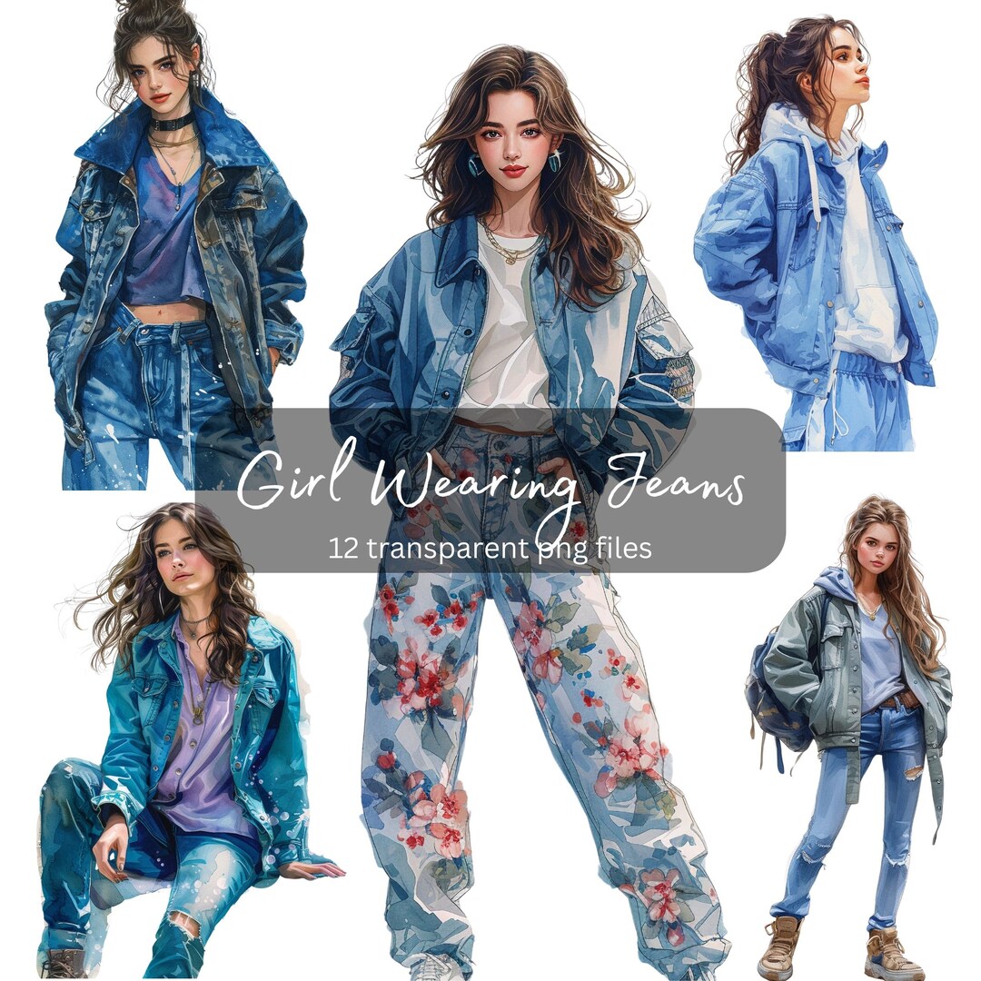 Fashion Girls in Jeans Watercolor Clipart Bundle, Transparent PNG ...