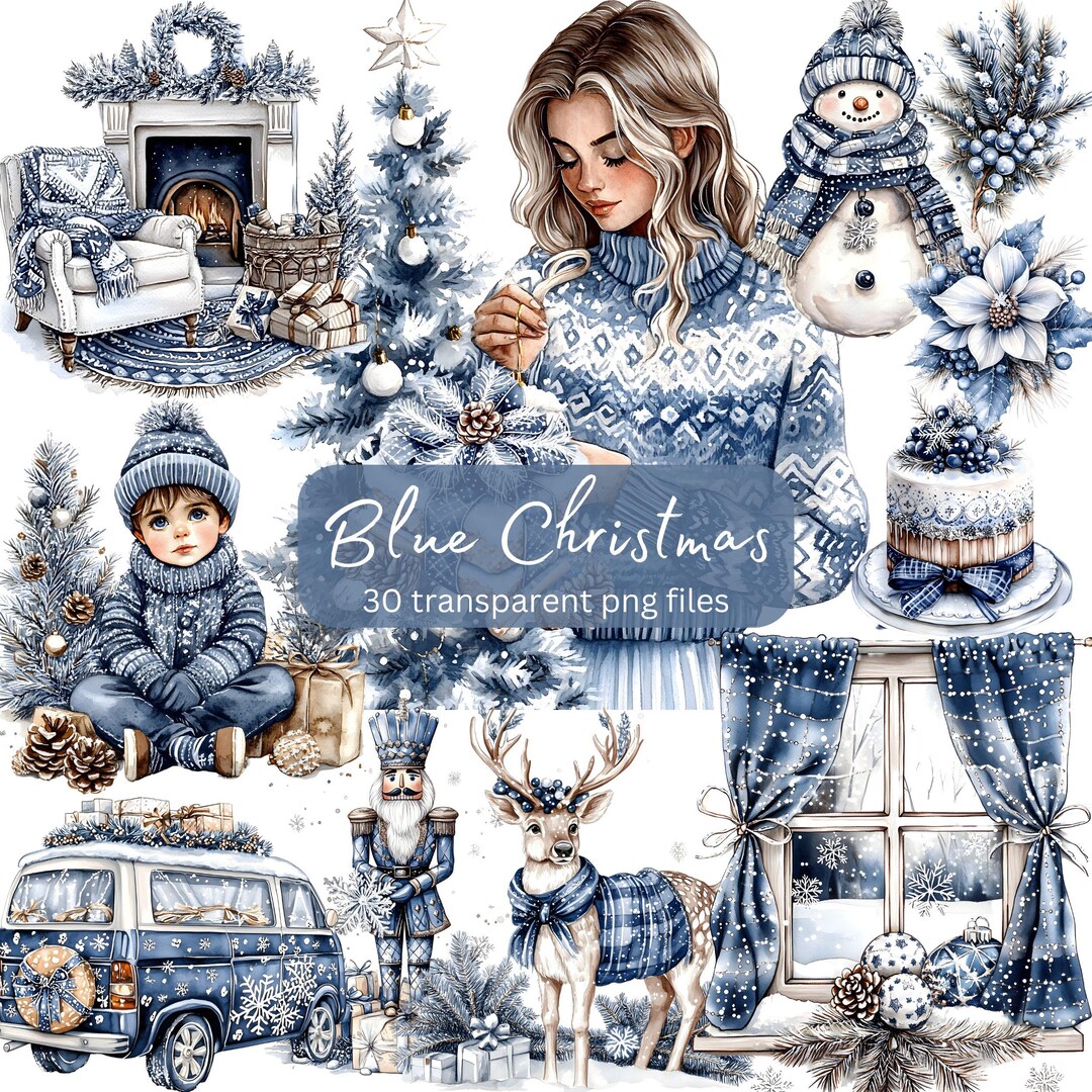 Blue Christmas Clipart Watercolor Bundle, Transparent PNG, Winter ...