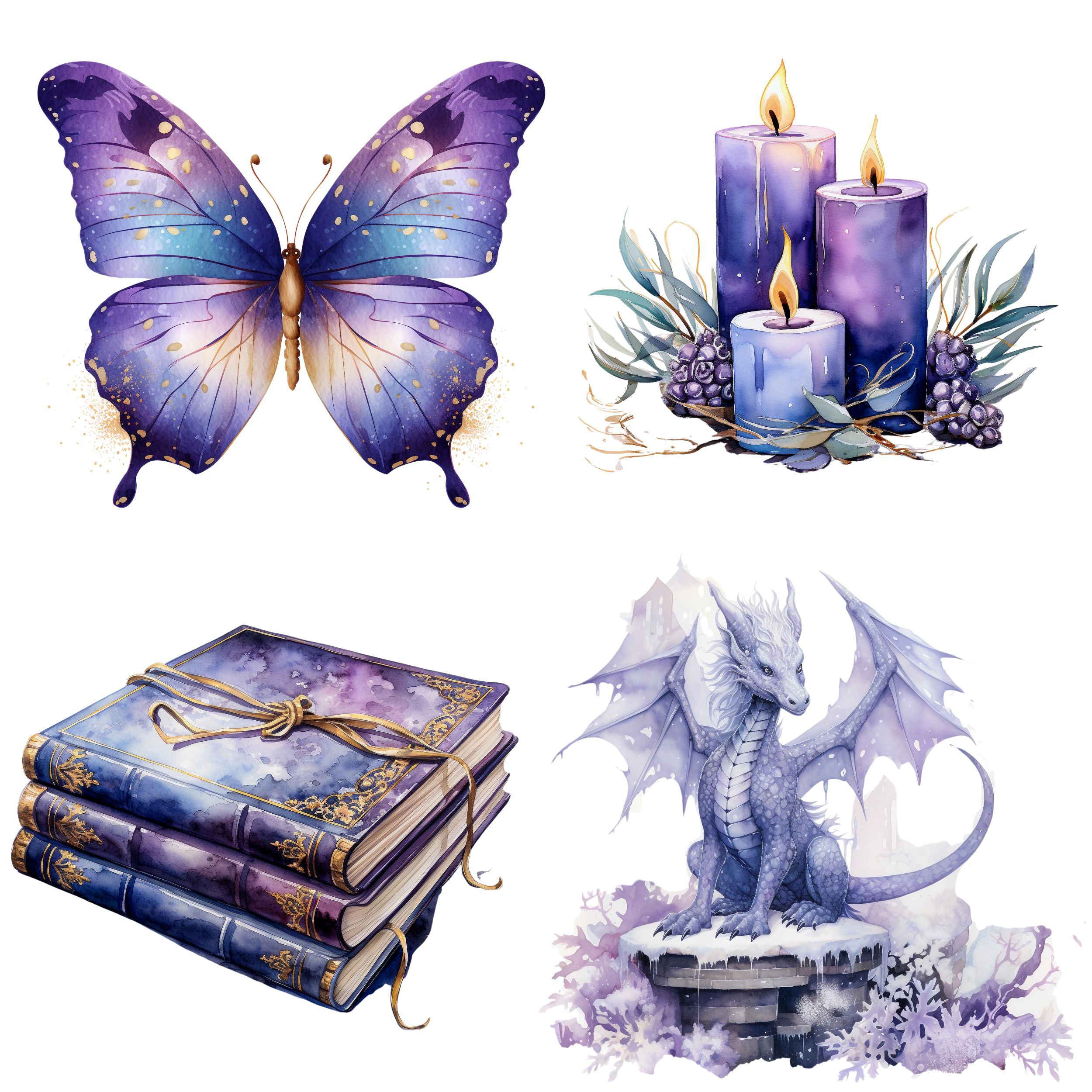 Purple Fairytale Watercolor Clipart Bundle, Transparent PNG, Fantasy ...