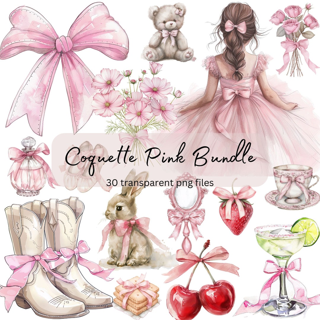 Pink Coquette Watercolor Clipart, Ribbon Bow, Chery, Transparent Png ...