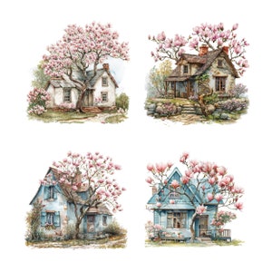 Magnolia Tree House Watercolor Clipart Bundle, Transparent PNG ...