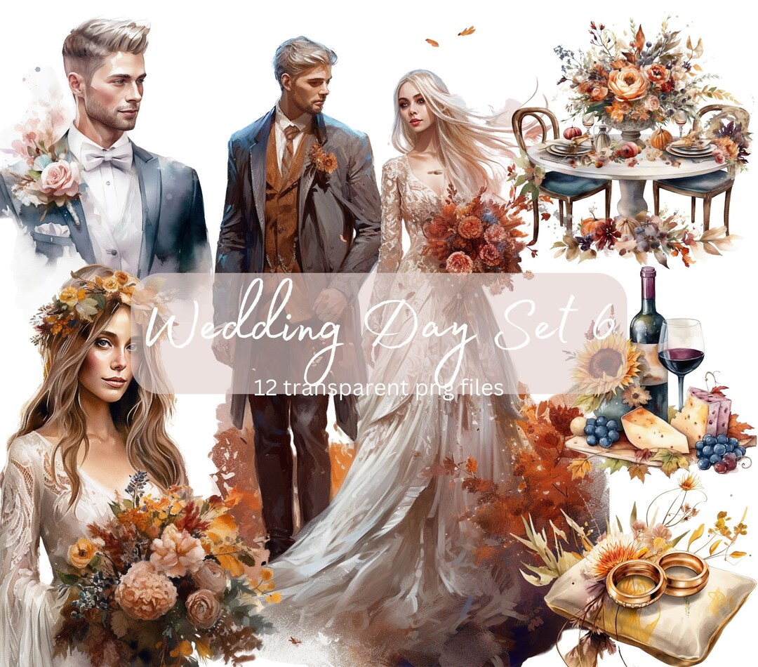 Autumn Boho Wedding Day Clipart, Transparent PNG, Just Married Bride ...