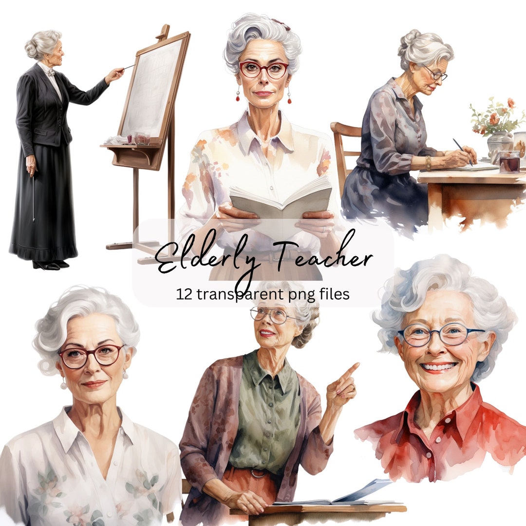 Elderly Teacher Watercolor Clipart Bundle, Transparent PNG, Digital ...