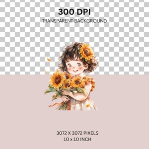 Little Girl With Sunflowers Watercolor Clipart Bundle, Transparent PNG ...