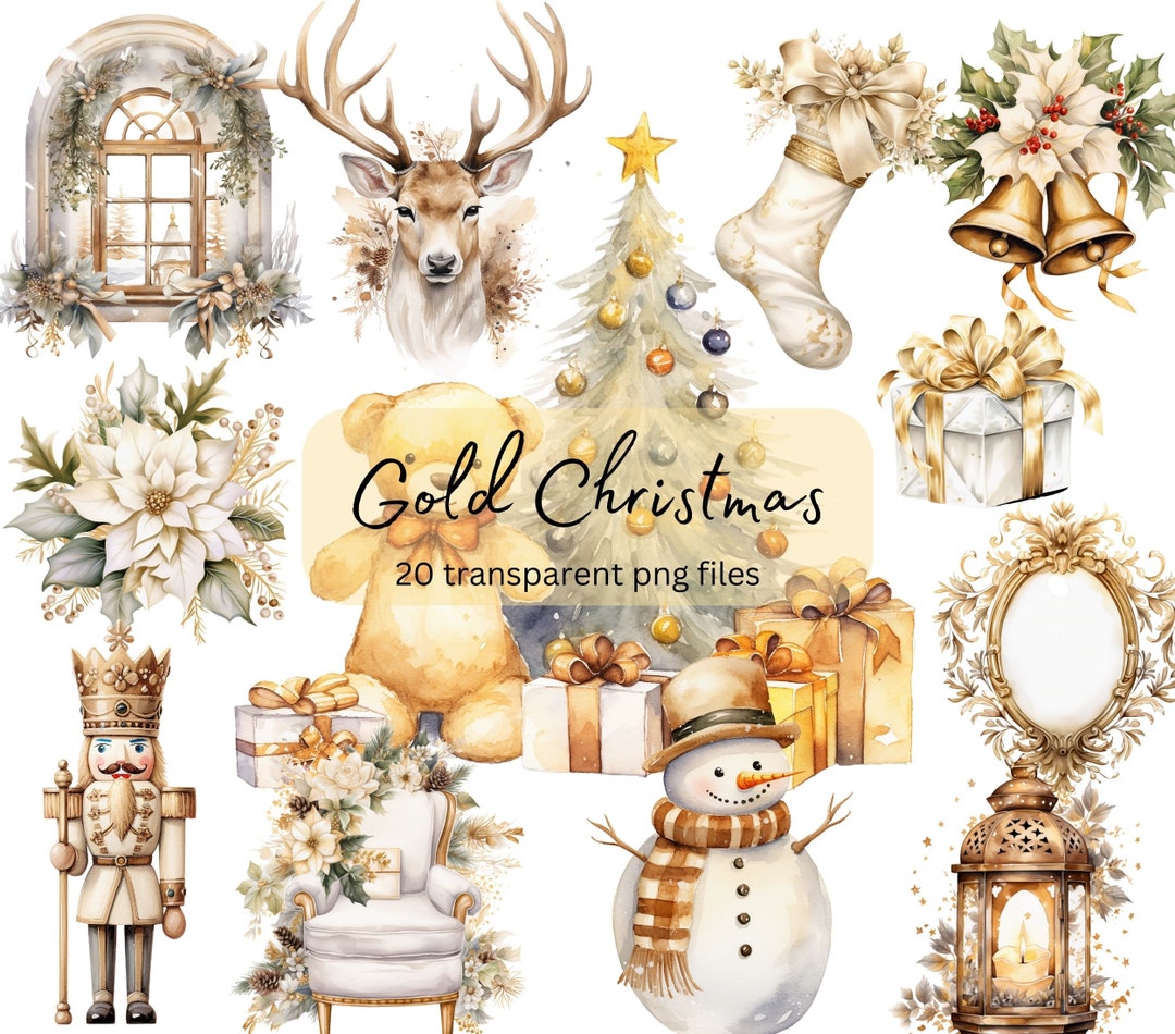 Gold Christmas Clipart Watercolor Bundle, Transparent PNG, Winter ...