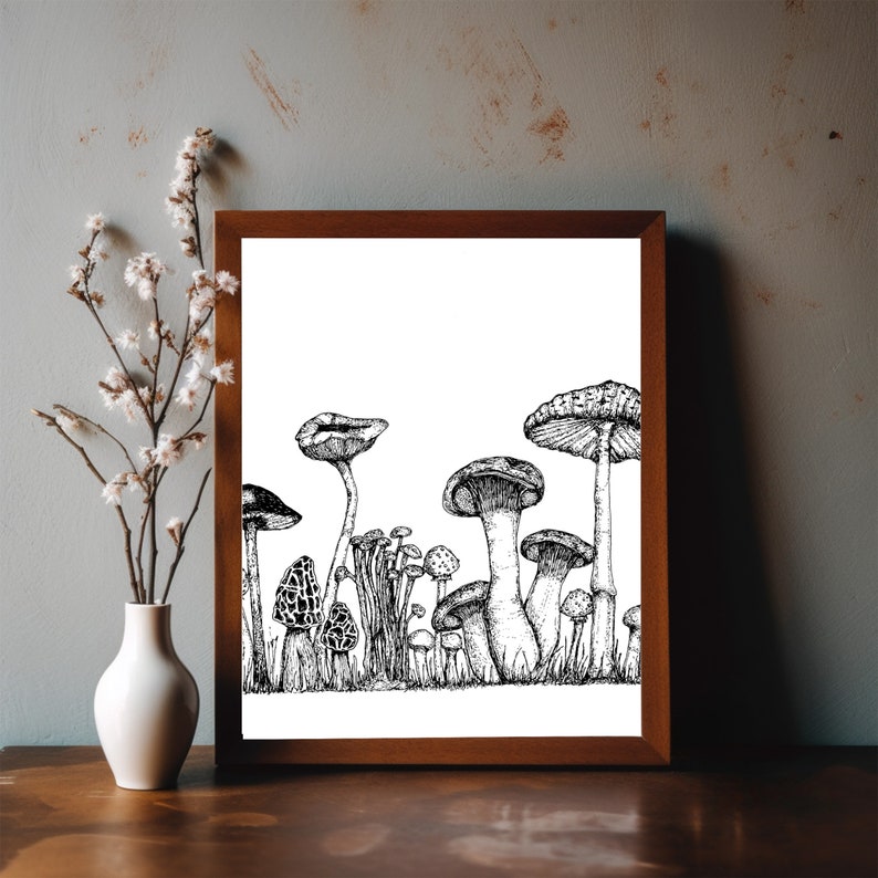 Mushroom Ink Drawing Art Print: Mixed Fungi Wall Decor (digital ...