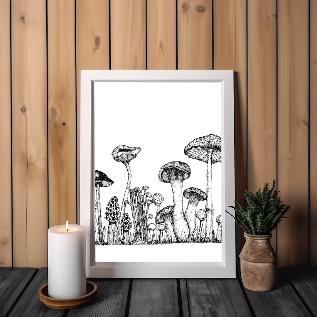 Mushroom Ink Drawing Art Print: Mixed Fungi Wall Decor (digital ...