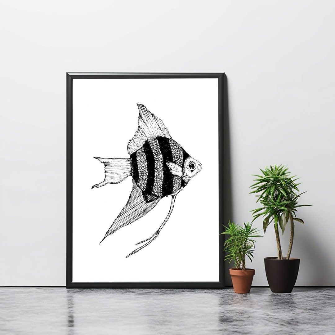 PRINTABLE Angelfish Art Print, Angelfish Ink Drawing, Original Art ...