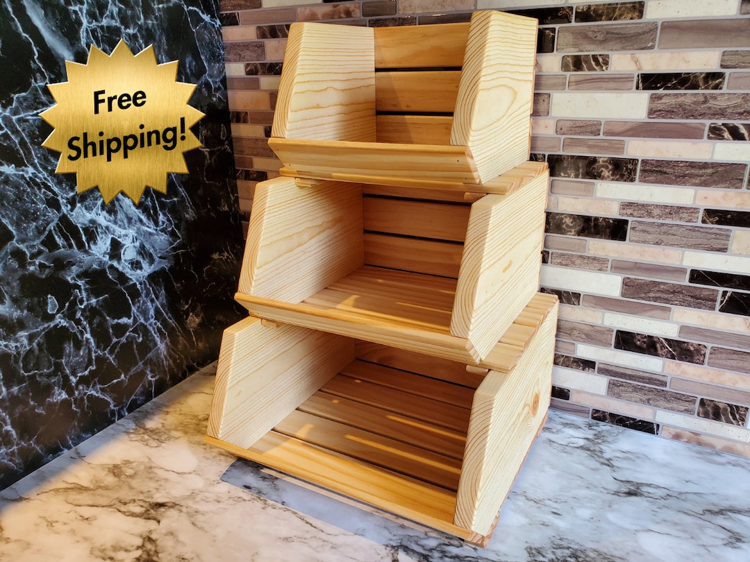 Set of 3 Stackable Produce Bins, Wooden Produce Bins, Kitchen Counter ...