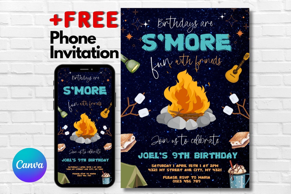 EDITABLE Backyard Camping Invite S'mores Fun Birthday Invitation S'mores Bonfire Kids Campfire ...