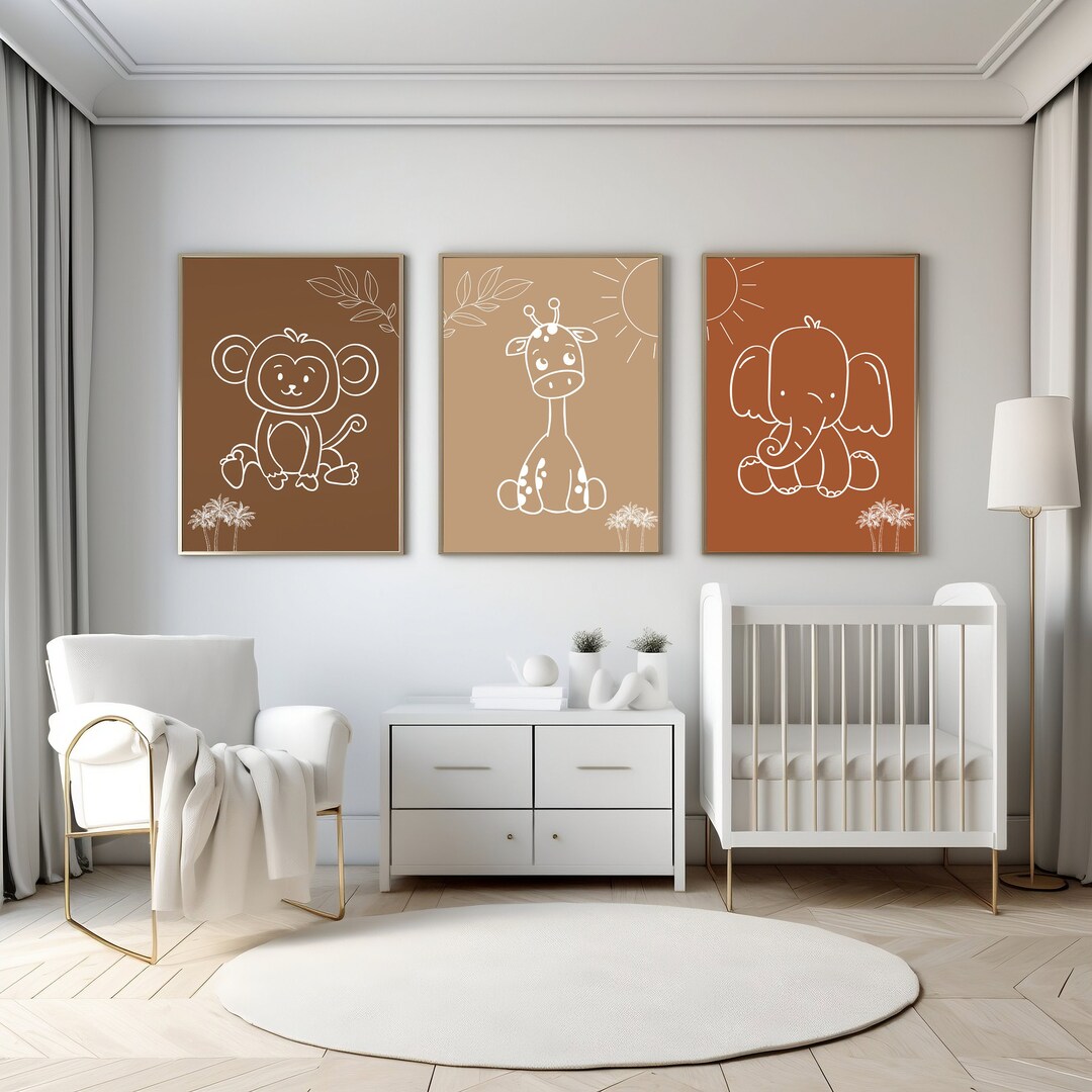 Set of 3 Boho Safari Line Art, Jungle Animal Nursery Wall Art for Kids ...