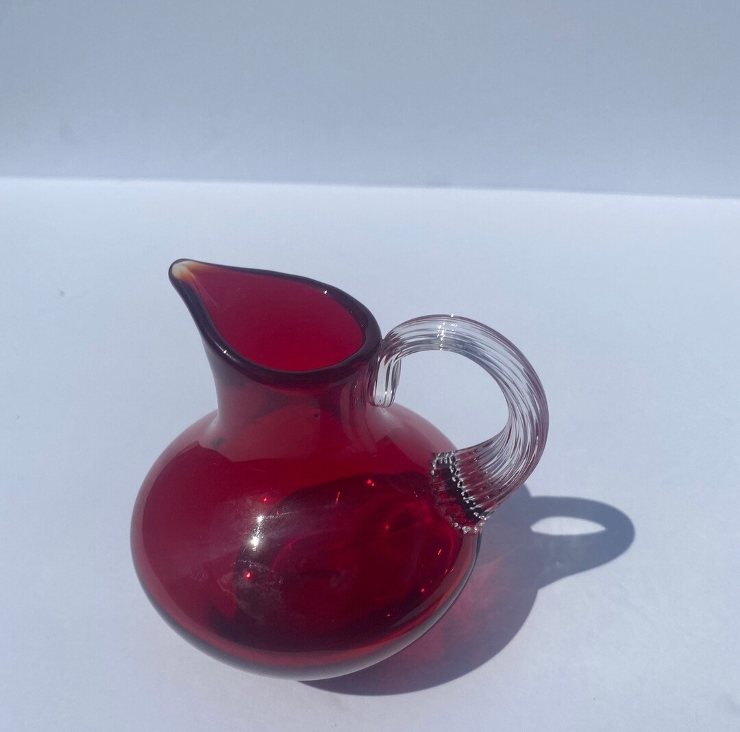 Ruby Red Art Glass Jug With Clear Ribbed Handle - Etsy