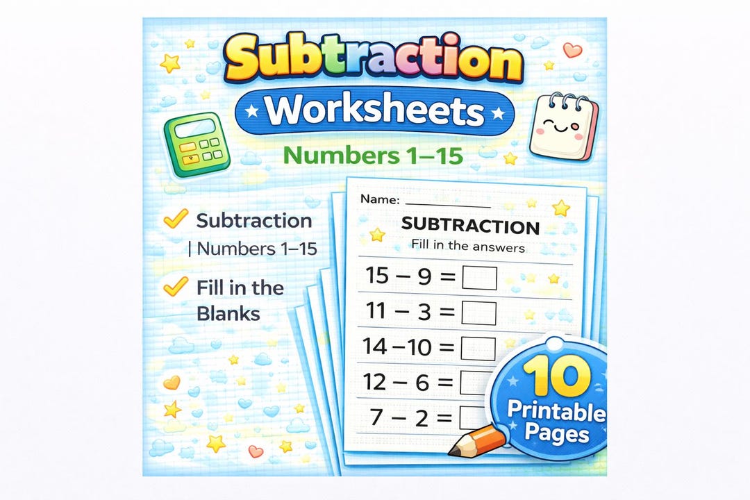 10 Printable Subtraction Worksheets | Fill in the Blanks | Numbers 1–15 ...